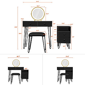 AVZEAR Dressing Table, Vanity Table with Lighted Mirror Makeup Dressing Table with Large Drawer and 4-Drawer Chest, 3-Color Touch Screen Dimmable Mirror with Cushioned Stool (Black)