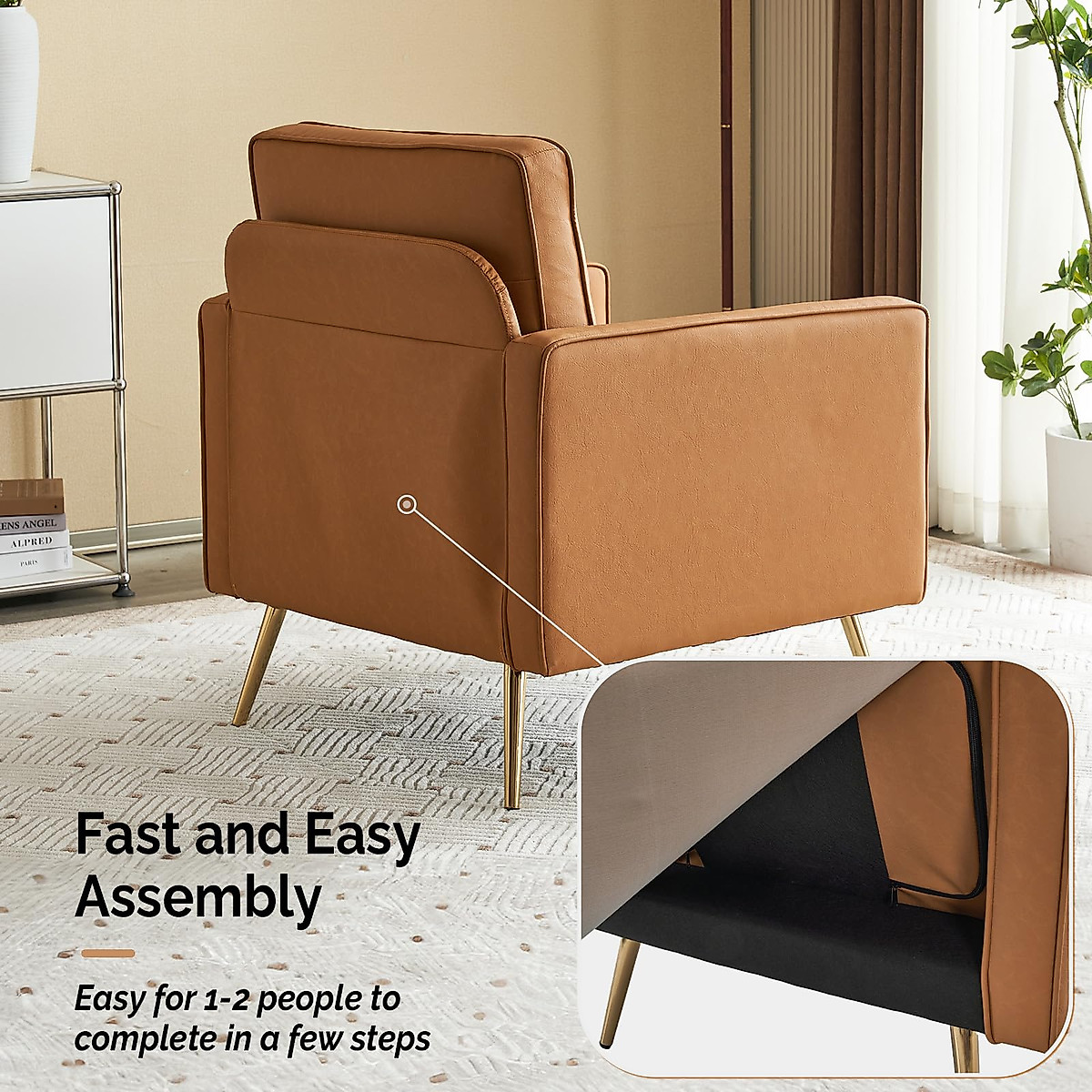VINGLI Modern PU Leather Accent Chair for Living Room,Bedroom Comfy Chair Arm Chair Reading Chair with Golden Metal Legs and Deep Seat for Office,Apartment,Small Space,Cognac