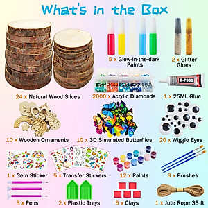 Wooden Crafts Kit for Kids - Glow in the Dark - Arts & Crafts Gifts for Boys Girls Age 6-12, 24 Wood Slices with Painting Craft Activities Kits, Creative Art Toys for 6 7 8 9 10 11 12 Year Old