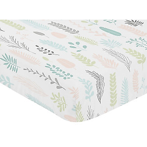 Sweet Jojo Designs Pink and Grey Tropical Leaf Girl Baby or Toddler Nursery Fitted Crib Sheet - Blush, Turquoise, Gray and Green Botanical Rainforest Jungle Sloth Collection