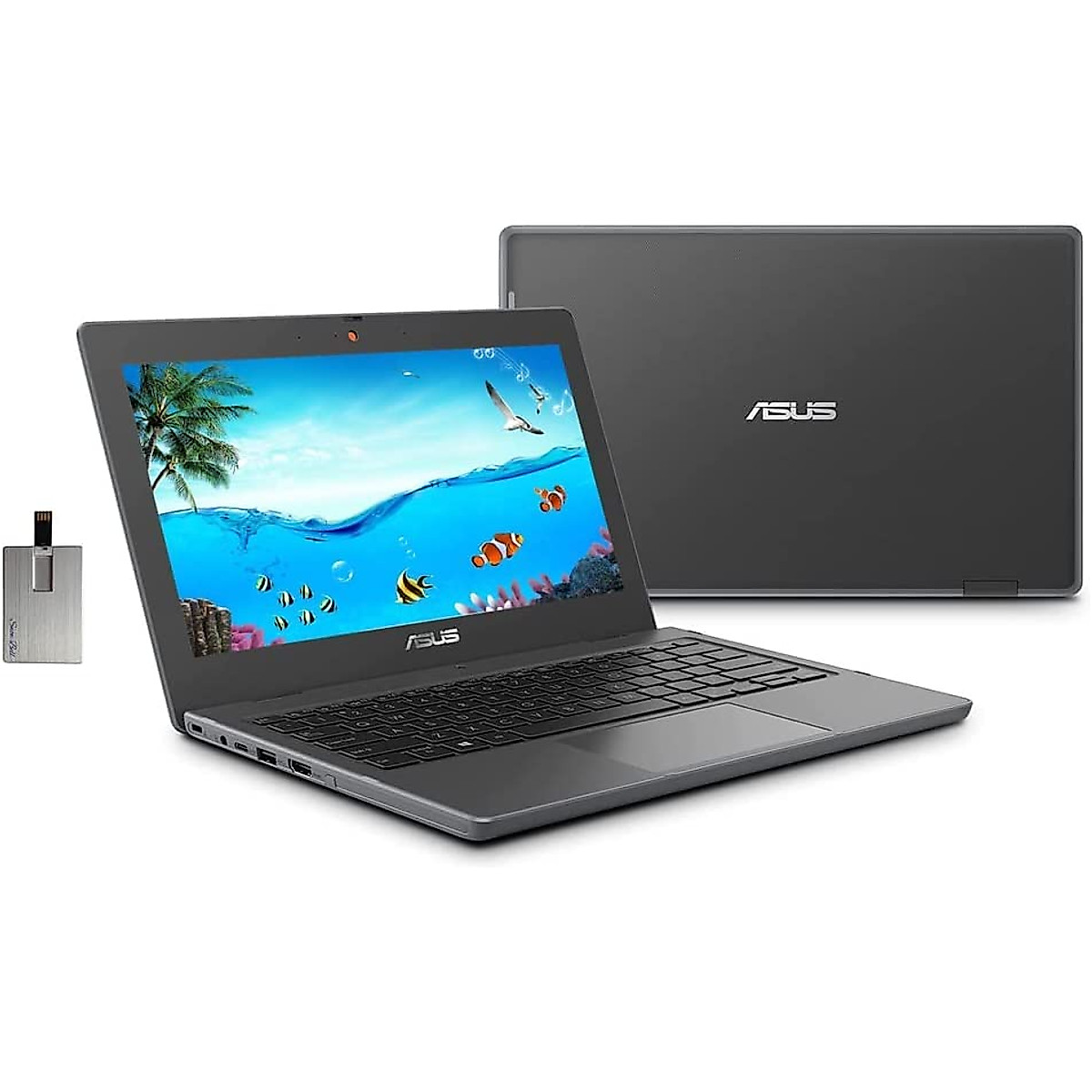 ASUS 2022 11.6" HD Business Laptop, Intel Celeron N4500 Processor, 4GB RAM, 64GB eMMC , Webcam, Intel HD Graphics 500, Bluetooth, Windows 10 Pro, Dark Grey, 32GB SnowBell USB Card