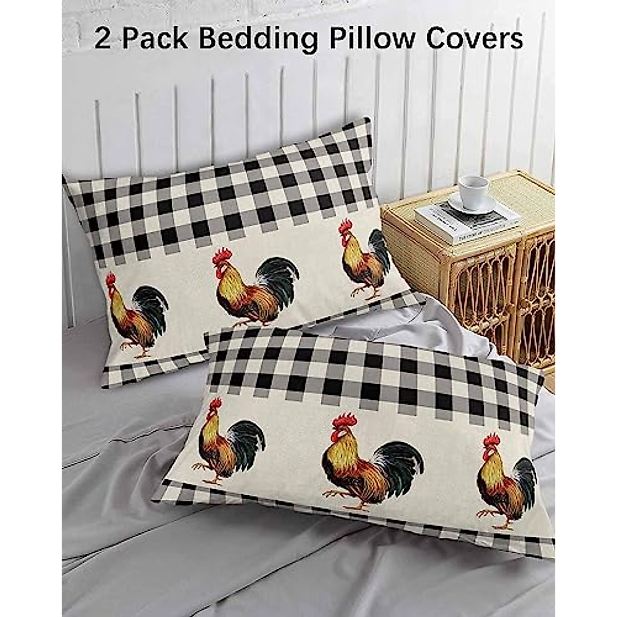 Edwiinsa Farm Rooster Pillow Covers Standard Size Set of 2 20x26 Bed Pillow, Farmhouse Animals Rustic Black White Plaid Plush Soft Comfort for Hair/Skin Cooling Pillowcases with Envelop Closure