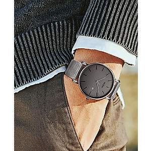 BUREI Men's Fashion Minimalist Wrist Watch Waterproof Watches Simple Ultra Thin Watches Analog Quartz Date with Stainless Steel Mesh Band (Gray Silver)