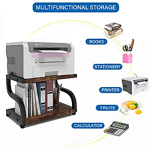 PUNCIA 2 Tiers Small Retro Wood Home Office Desktop Printer Stand Laser Printer Copier Stand with Storage Rustic Tabletop Heavy Duty Organizer Rack Shelf Desk Dual for Small Space Double Tiers Tray