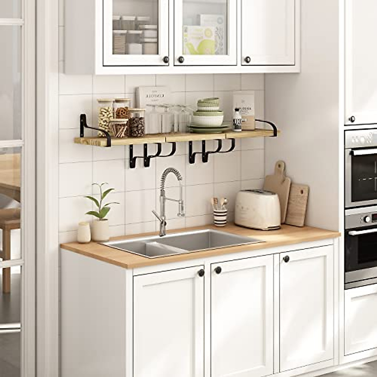 Fixwal Floating Shelves, Wall Mount Rustic Wood Wall Shelves with Large Storage, for Kitchen Living Room Bathroom Bedroom, Set of 3 Carbonized Black (15.8 x 10.6 x 1.2in)