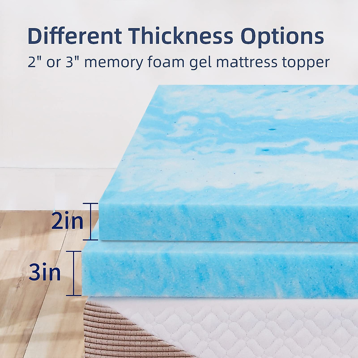 Opoiar 2 Inch Cooling Gel Memory Foam Mattress Topper in a Box, Medium Firm Mattress Topper for Pressure Relief & Temperature Regulation,CertiPUR-US Certified, Blue&White(Queen)