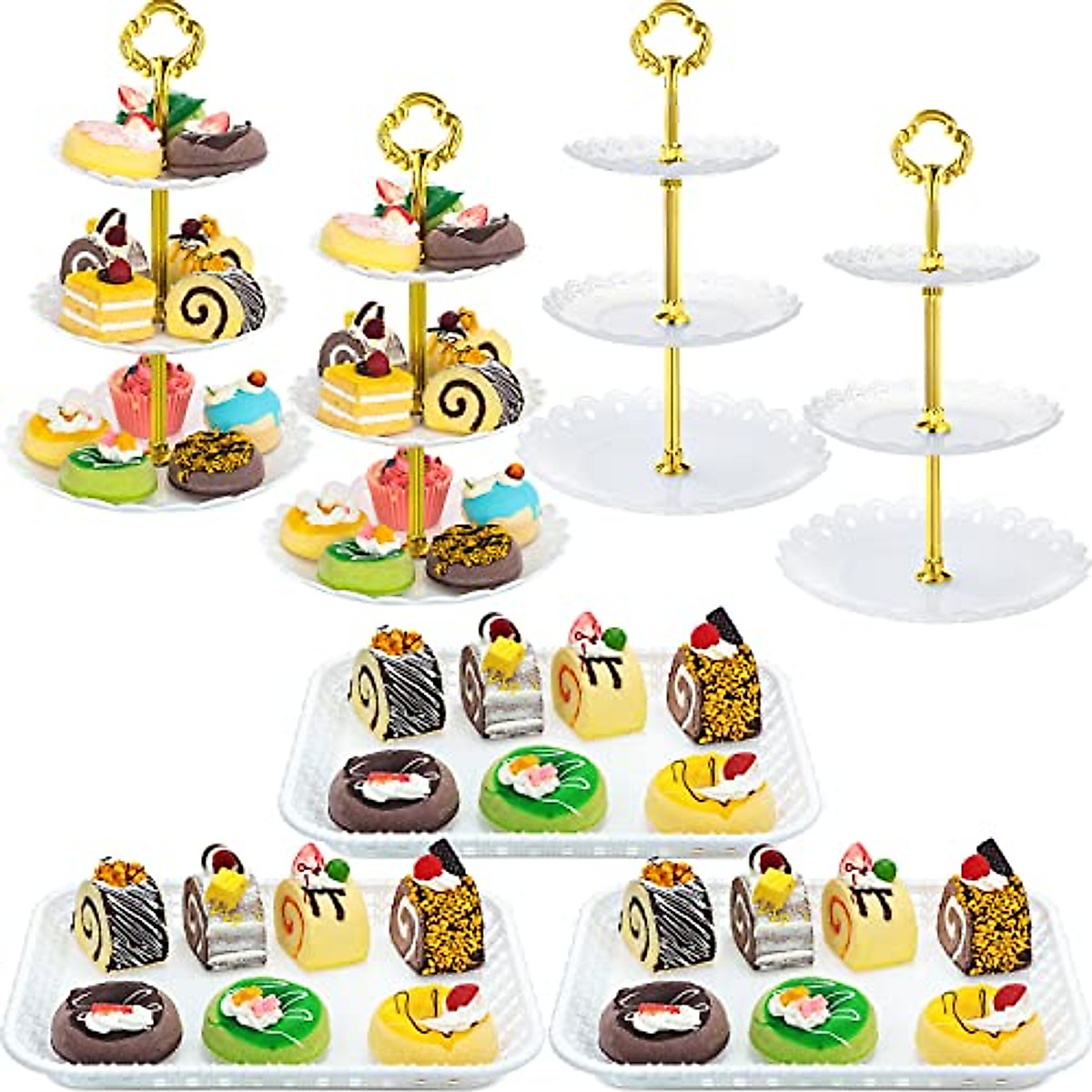 7 Pcs Cupcake Stands Dessert Plates Set 4 Pcs 3 Tire Round Cupcake Stands Cake Fruit Display Tower and 3 Pcs Plastic Rectangle Dessert Trays Candy Server for Wedding Birthday Baby Shower Tea Party