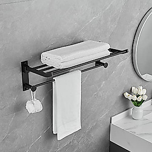 JunSun Foldable Towel Rack with Towel Bar 24-Inch Stainless Steel Multifunctional Bathroom Towel Shelf Towel Holder Modern Towel Hanger Bathroom Accessories Storage Shelf Wall Mounted Matte Black