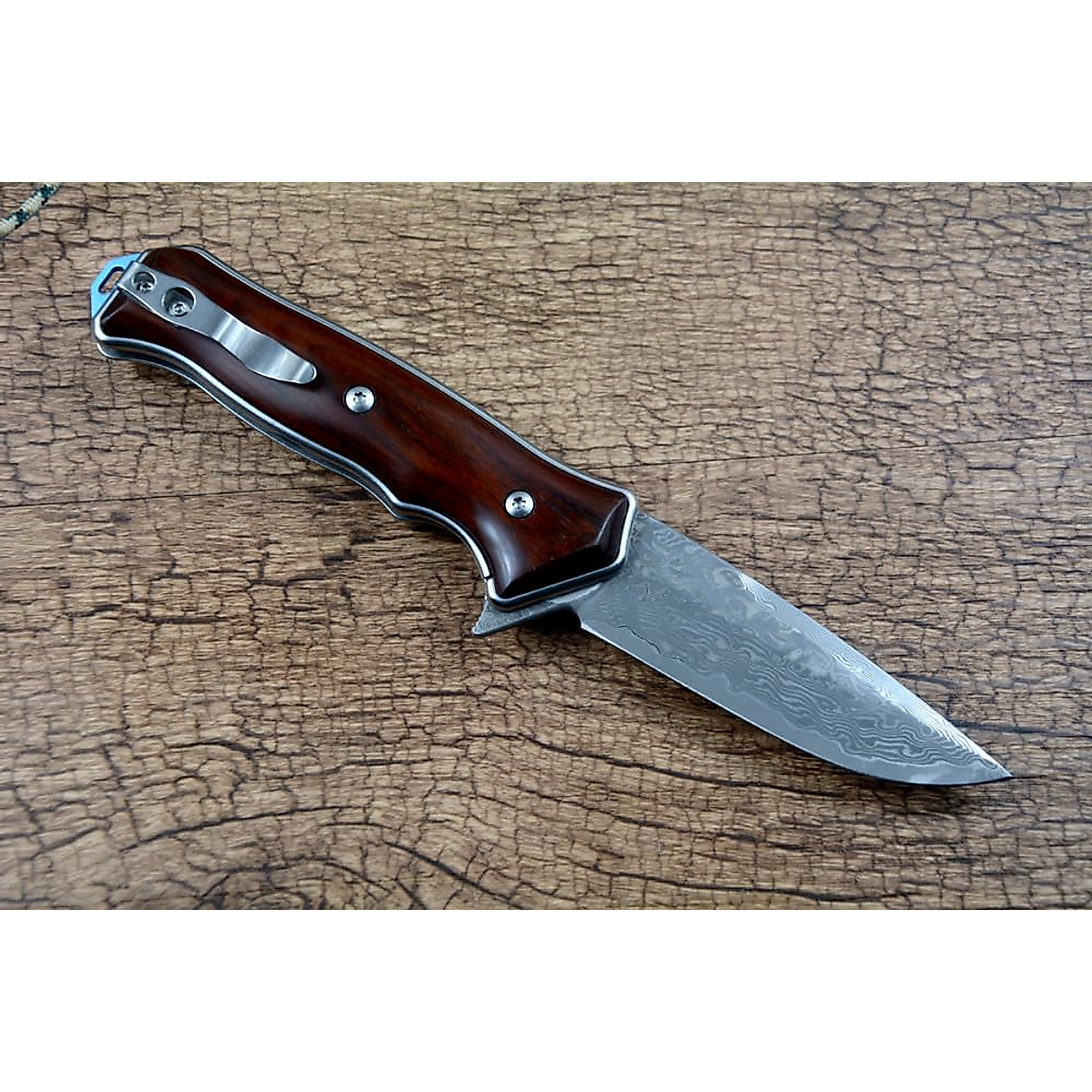 TWO SUN YSTART Damascus Blade Pocket Outdoor Folding Knife Red Ebony Wood Handle