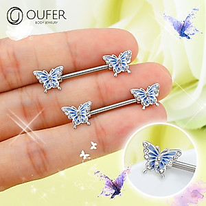 OUFER Butterfly Nipple Rings, 316L Surgical Steel Paved Shiny Clear CZ Nipple Barbells,14G Nipple Piercing jewelry For Women