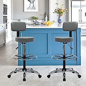 Venus Drafting Stool Chair, Rolling Stools with Wheels, Stools with Backs, Tall Adjustable Office Chair Workbench Stool with Back Support Adjustable Chair Work Stool with Chrome Footrest - Gray