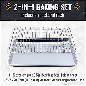 Checkered Chef Baking Sheet Set - Large 13" x 9.5" Stainless Steel Quarter Pan for Baking w/Oven Safe Cooling Rack