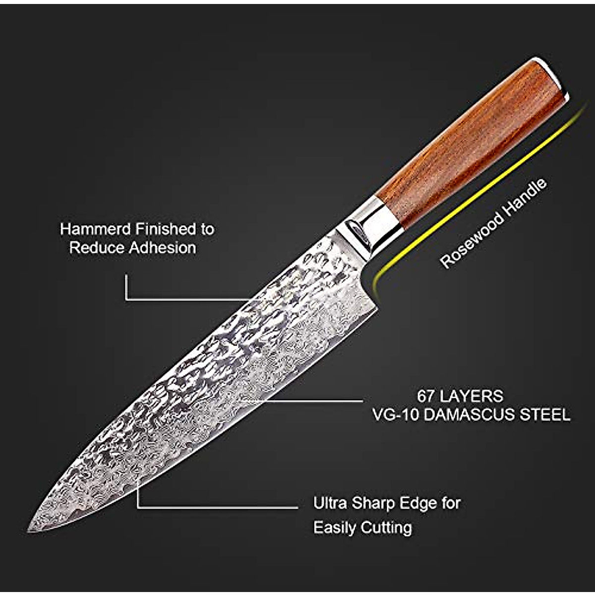 YOUNG&TAYLOR 8 Inch Professional Chef Knife,67 Layers Japanese VG-10 DAMASCUS STEEL with Hammered Finished (Premium Rosewood Handle)