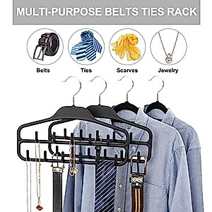 FairyHaus Belt Hanger Organizer 2 Pack, Non Slip Tie Rack Holder, Durable Hanging Closet Accessory Hooks for Belts, Ties, Jewelry, Scarves, Tank Tops, Black