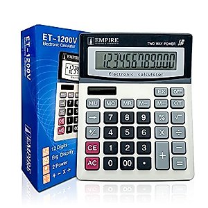 Empire Desk Calculator with Large Key Buttons, 12 Digits, Large Eye-Angled Display, Solar and Battery Powered for Home and Office (Battery Included)