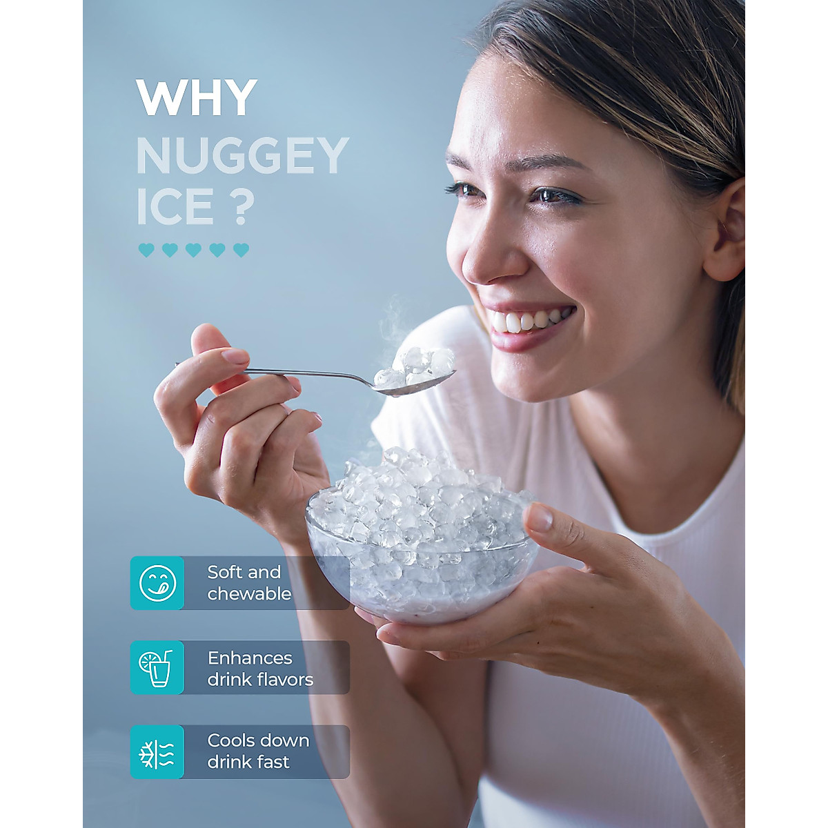 EUHOMY Commercial Under Counter Nugget Ice Maker Machine, 66Lbs/Day, Bulit-in Freestanding Ice Maker with Gravity Drainage, Self-Cleaning & 24H Timer Ice Machine, for Commercial & Home Use(Silver)