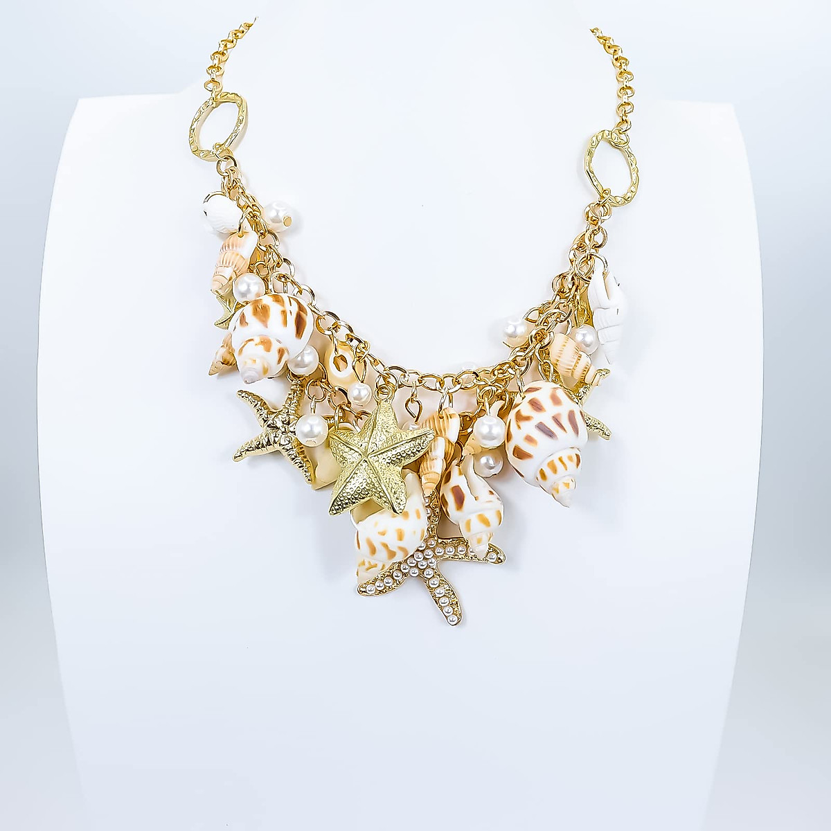 Halawly Shell Necklace Choker Mermaid Tail Necklace - Fashion Sea Shell Starfish Faux Pearl Collar Bib Statement Chunky Necklace Pendant (Shell Necklace Set)