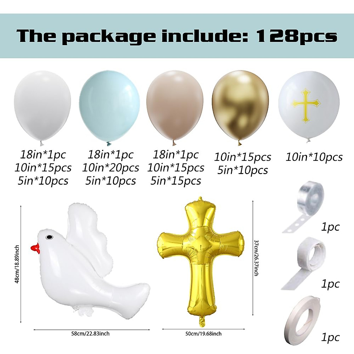 First Communion Dusty Blue Balloon Garland Arch Kit, Boys God Bless Confirmation Baptism Decoration, Mist Blue Gold White Balloons with Cross Dove Foil Balloon Birthday Party Christening