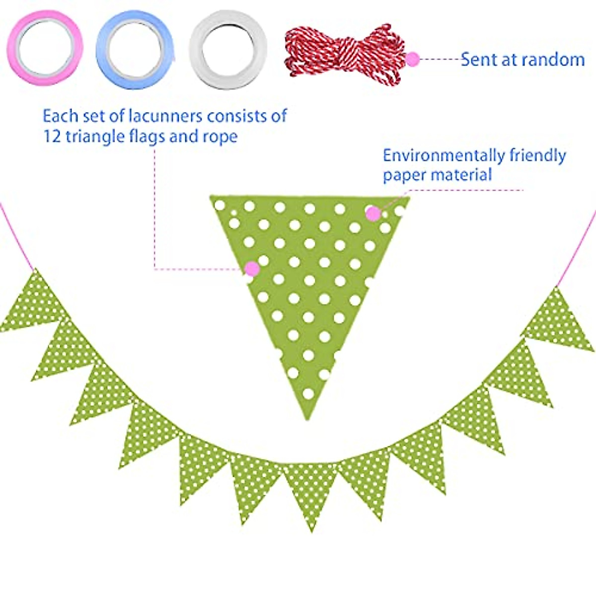 98FT Pennant Banner 6Pack 72PCS Triangle Flags Paper Pennant Bunting Garland Polka Dot Print Pennant Hanging Triangle Flags for Theme Party Decorations Supplies