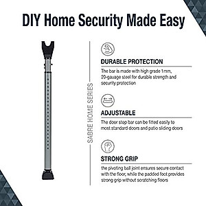 SABRE Adjustable 2-in-1 Door Security Bar, Door Stop Bar Secures Onto Door Knob, Strong Scratch-Proof Grip, Steady Against Floor, Removable Door Knob Top For Sliding Door Use, Portable & Easy to Use