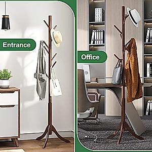 kiplant Bamboo Wood Coat Rack Stand, Freestanding Coat Tree with 8 Hooks, Hallway Entryway Hat Hanger Organizer Standing for Bedroom, Office, Clothes, Jackets, Bags, Umbrallas