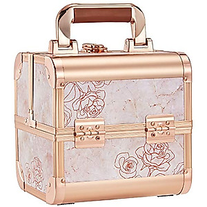 Costravio Makeup Box Cosmetic Train Case with Mirror Travel Organizer Cosmetic Jewelry Storage Box with 2-Tier Tackle Trays Portable Lockable Makeup Organizer Box - Marble Rose Gold Style
