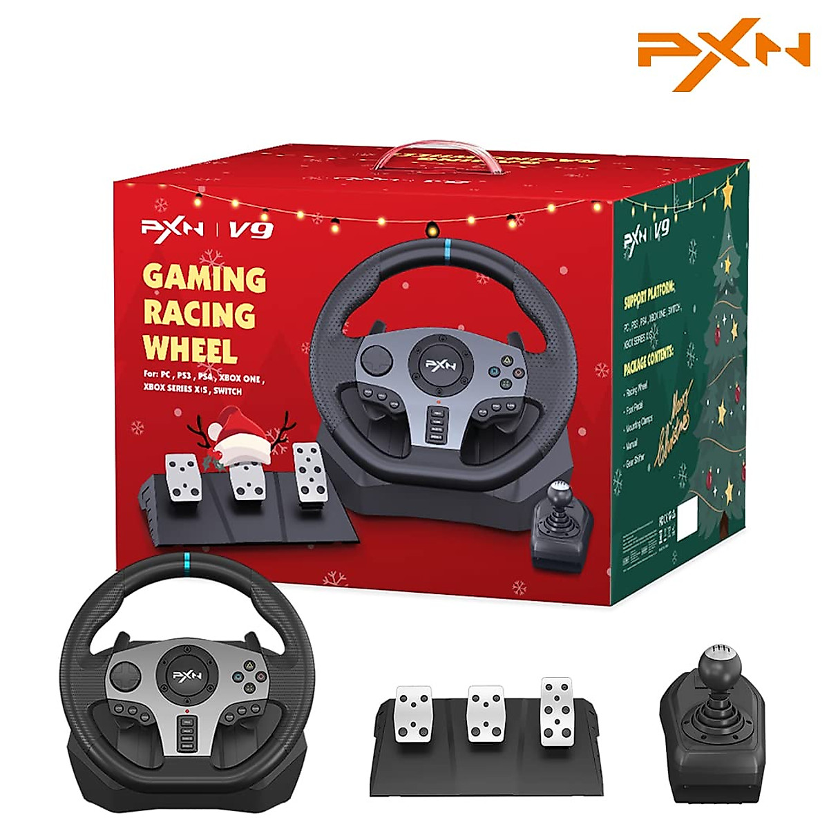 PXN V9 Gaming Steering Wheels - 270/900° Xbox Steering Wheel Driving Sim, PC Racing Wheel Dual-Motor Vibrate with Pedals and Joystick, for Xbox One, PS4, PS3, PC,Xbox Series X|S,Switch