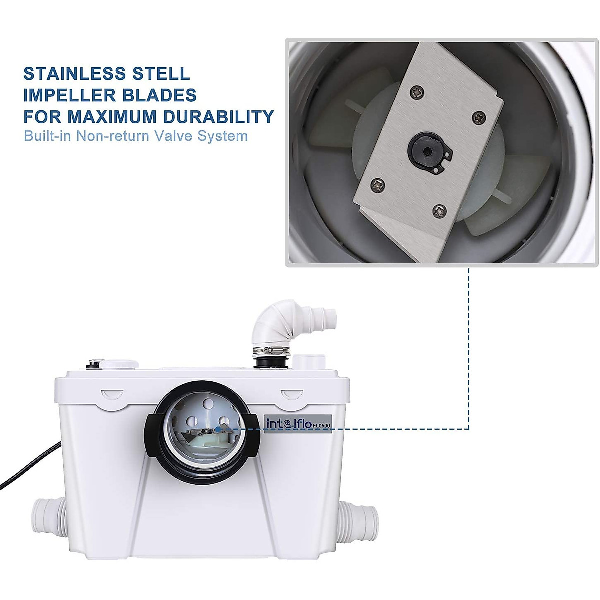 Upflush Macerating Toilet (3-Piece Kit)- Upflush Toilet for Basement Toilet System, Macerating Toilet with 500 Watt Macerator Pump, Extension Pipe and Round Bowl, for Kitchen Sink, Bathroom, Laundry