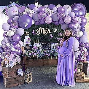 Amandir 145Pcs Purple Balloons Garland Arch Kit for Butterfly Baby Shower Decorations for Girl, 12Pcs Butterfly Stickers Lavender Purple Confetti Metallic Balloon for Birthday Wedding Party Decoration