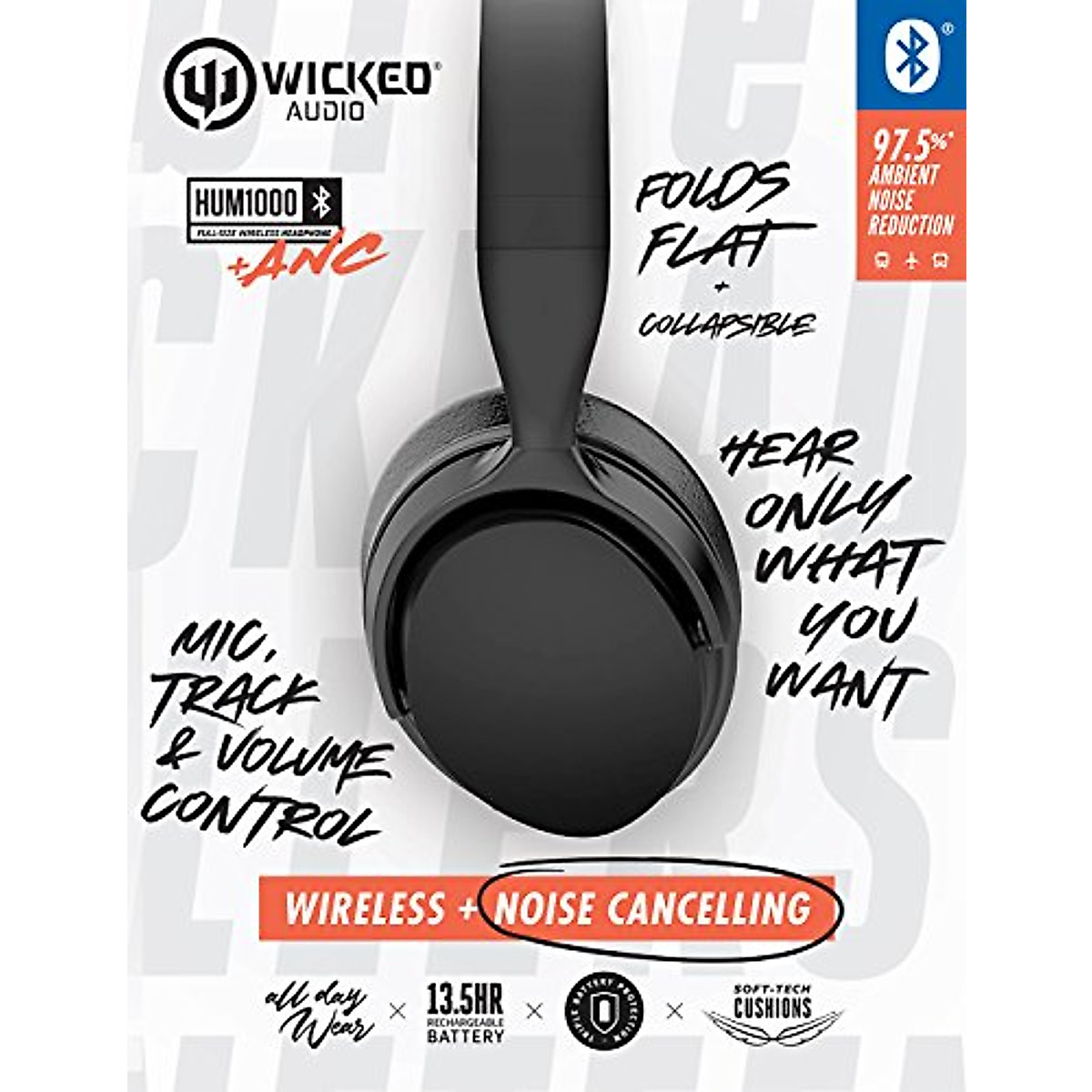 Wicked Audio HUM 1000 Wireless Bluetooth Headphones with Active Noise Cancelling