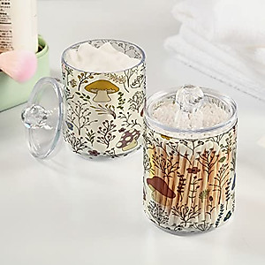 JUMBEAR 2 Pack Mushroom Qtip Holder Dispenser with Lid 14 oz Clear Plastic Apothecary Jar Set for Bathroom Vanity Organizers Storage Containers