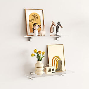 MEISHIDA Clear Acrylic Shelf, Set of 2 Invisible Wall Shelves Wall Mounted Display Shelf, Floating Shelves for Bathroom, Bedroom, Living Room, Kitchen, Office (Wave 13.8 Inch Set of 2)