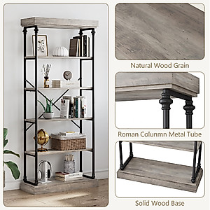 IDEALHOUSE Industrial Bookshelf Wood Bookcase 6 Tier Storage Open Rack Shelf with Metal Frame Rustic Tall Standing Bookshelves Large Grey Display Rack for Bedroom,Living Room and Home Office
