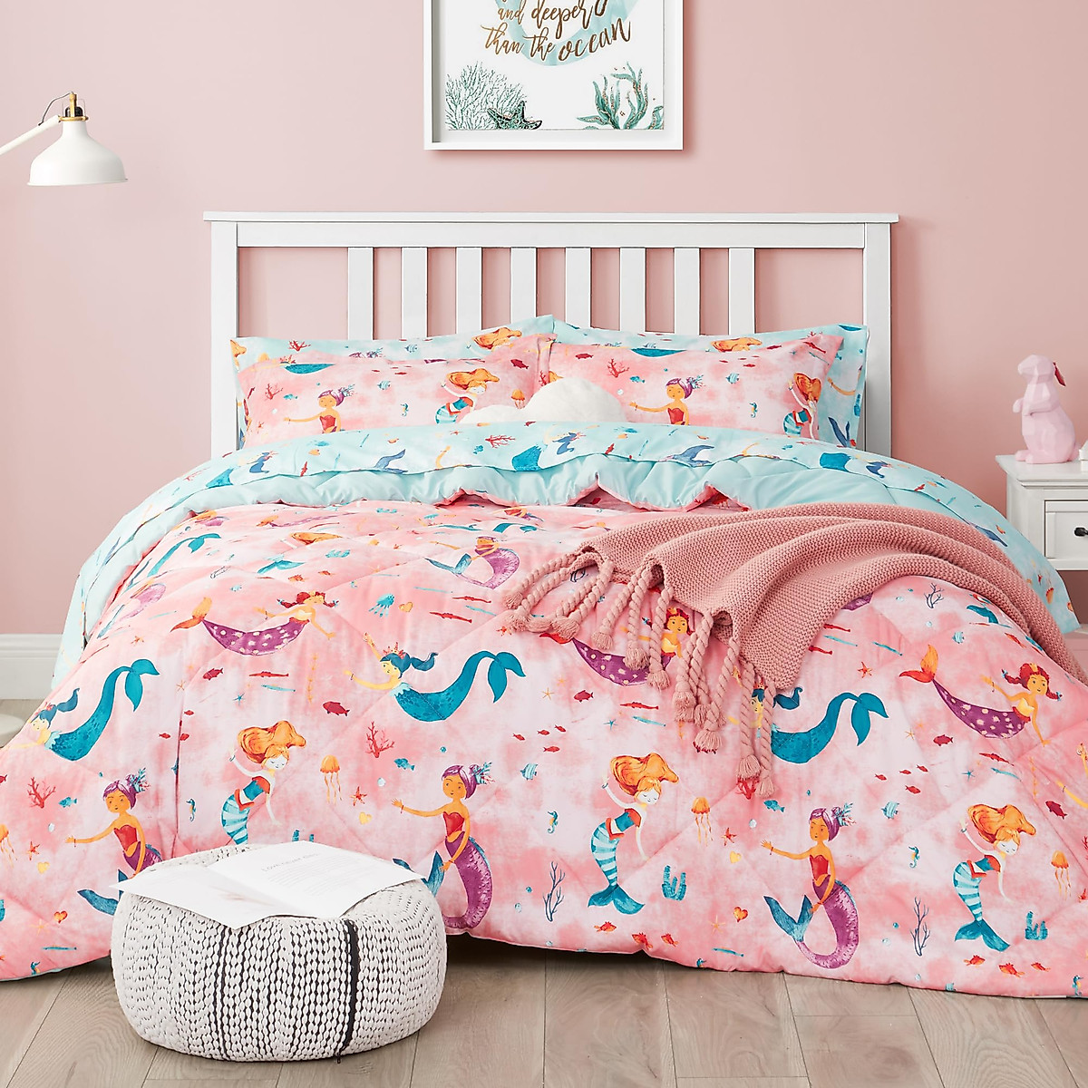 UMCHORD Pink Mermaid Kids Bedding Set for Girls, Twin Size 5 Pieces Bed in a Bag, Super Soft Lightweight Microfiber Comforter Set with Sheets, Hotel Quality Durable Children Bed Set