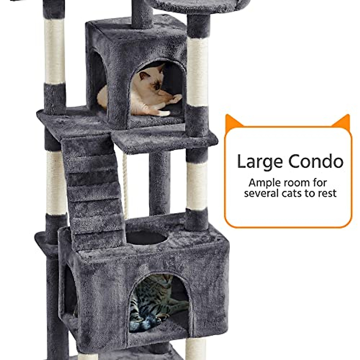 Yaheetech XL Cat Tree, 72in Multi-Level Cat Tower w/ 2 Cozy Caves, 3 Soft Perches, Scratching Posts, Board, and Dangling Ball, Cat Furniture Cat Play House Kittens, Dark Gray