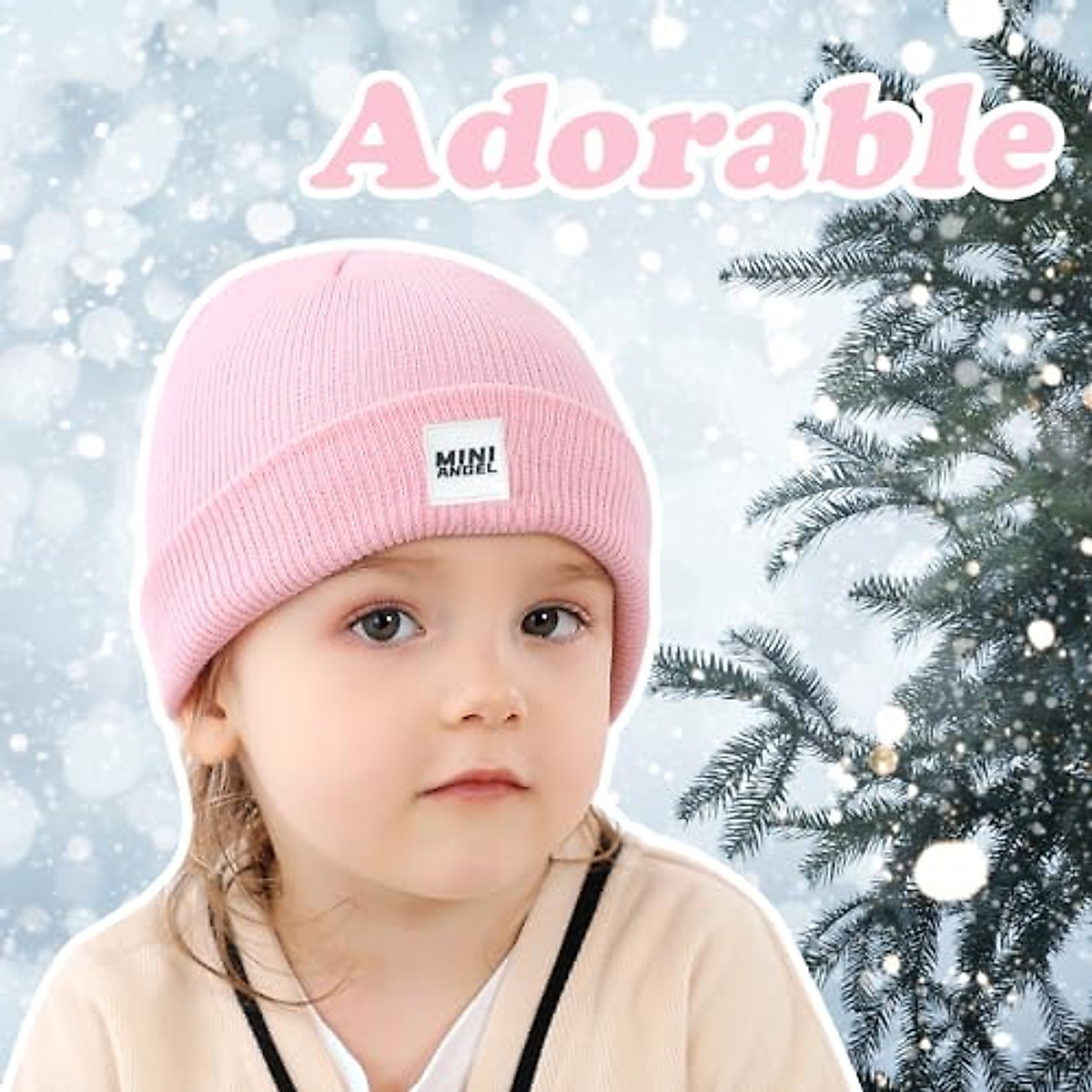 Mini angel Baby Beanie Knit Warm Winter Hat 6-36 Months Cute Beanies Soft Cuffed Hat for Infant Toddler Boys Girls 3 Pack (White+Pink+Grey,S)
