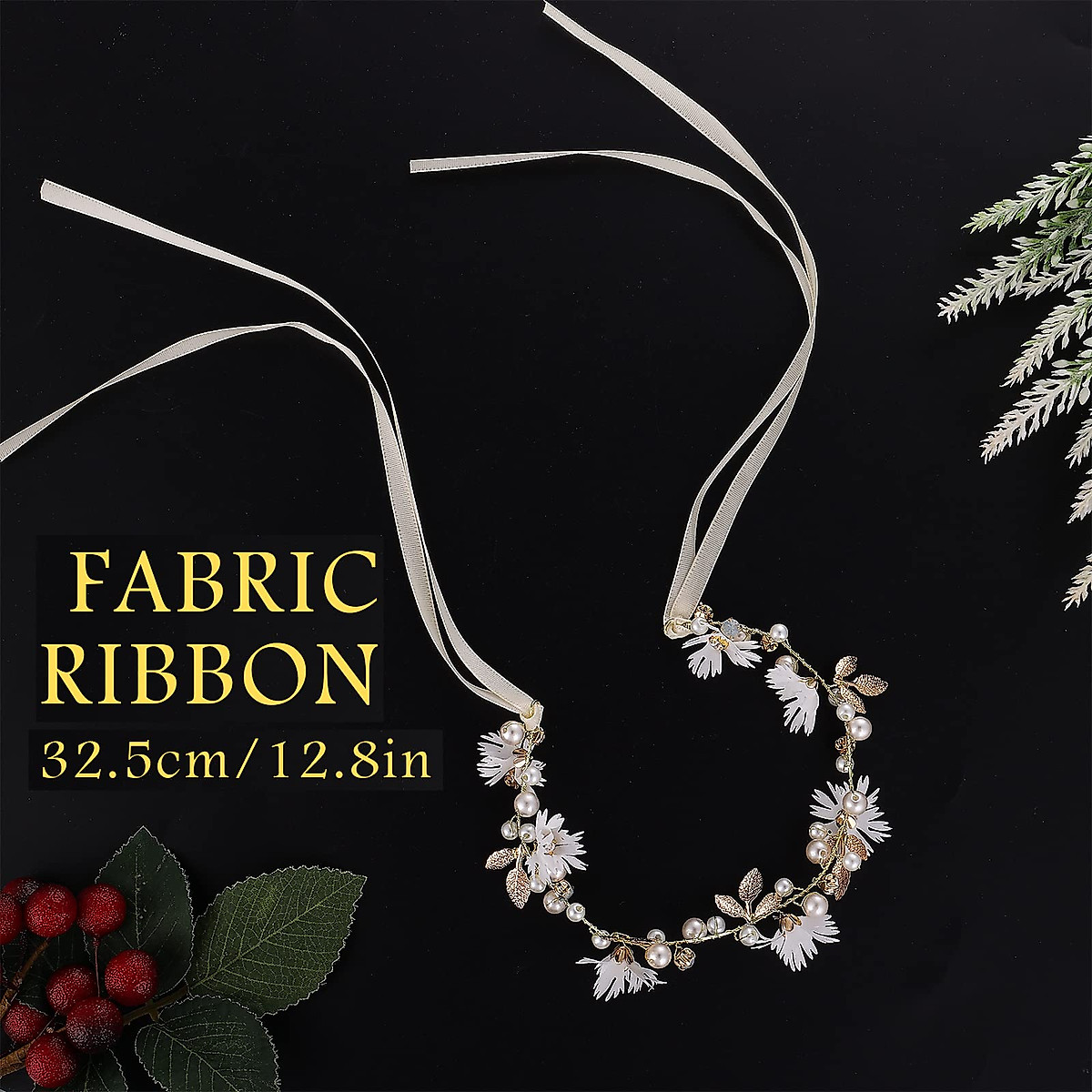 Prasacco Women Flower Headband With Ribbon, Bridal Headband Flower Hair Vine Wedding Hair Accessories Wreath Wedding Party Ladies Girls Garlands Floral Crown Hairband