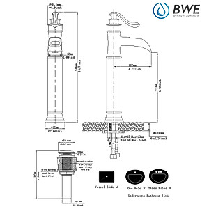 BWE Vessel Sink Faucet Waterfall Matte Black with Pop Up Drain Without Overflow and Supply Lines Bathroom faucets for Sink 1 Hole One Handle Faucets Vanity Bath Mixer Tap