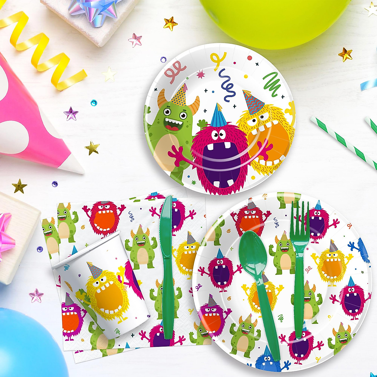 Xigejob Monster Birthday Party Supplies - Monster Party Decorations Tableware, Plate, Cup, Napkin, Tablecloth, Cutlery, Monsters Theme 1st 2nd 3rd Birthday Baby Shower Decorations Dinnerware| Serve 24