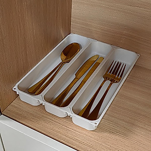 TUNGTAR custom silverware drawer tray small drawer organizer for utensils holder 7.5 inches cutlery tray, DIY organizer for silverware, flatware, knives in Kitchen, Bedroom white 3in1 (White, Small)