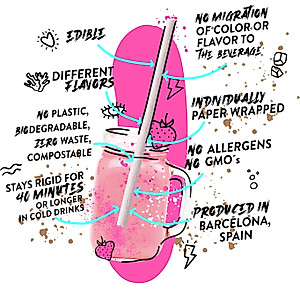 Sorbos Edible Straws, Strawberry Flavored, Sustainable, Individually Packaged, No Plastic, No Allergens, No Gluten, No PFAS, 100 Percent Biodegradable, 7.4 inches long (Pack of 200)