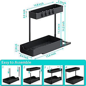 Under Sink Organizers and Storage 2 Packs, 2 Tier Pull Out Cabinet Organizer L-shaped, Sliding Under Bathroom Kitchen Sink Shelf, Multi-Purpose Organization and Storage for Bathroom Kitchen Cabinet