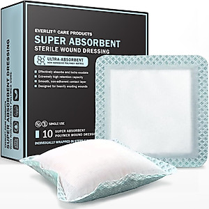 EVERLIT Super Absorbent Dressing for Wound Care | Nonstick Soft Surgical Gauze Pad for Heavily Exuding Wounds | Large Sterile Non-adhesive Bandage for Fast Healing Wound Care | Pack of 10 (4" x 4")