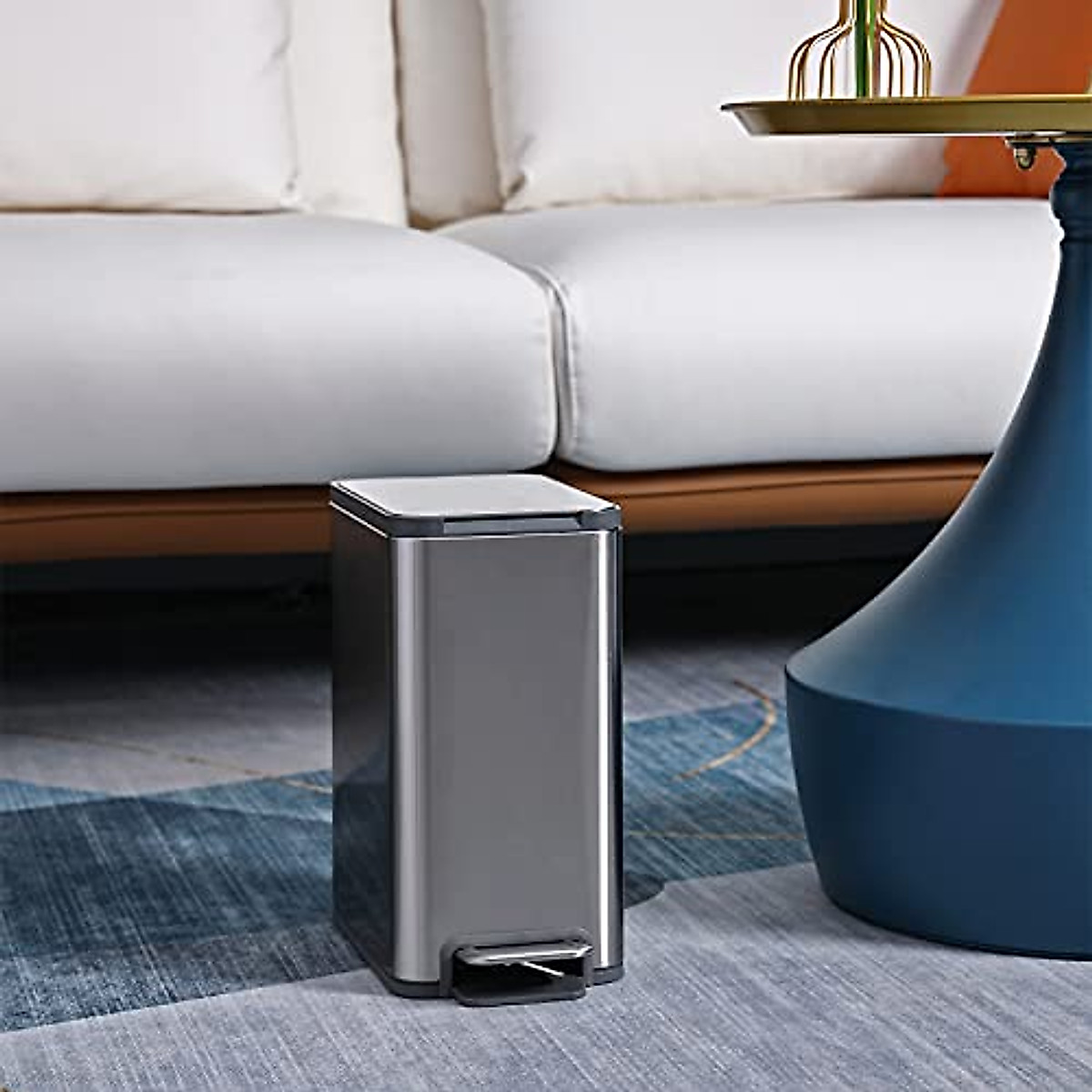 ELPHECO 1.3 Gallon / 5 Liter Rectangular Step Trash Can with Plastic Inner Buckets, Brushed Stainless Steel Narrow Bathroom Trash Can with Lid, Slim Bathroom Wastebasket with Foot Pedal, Brushed Silver