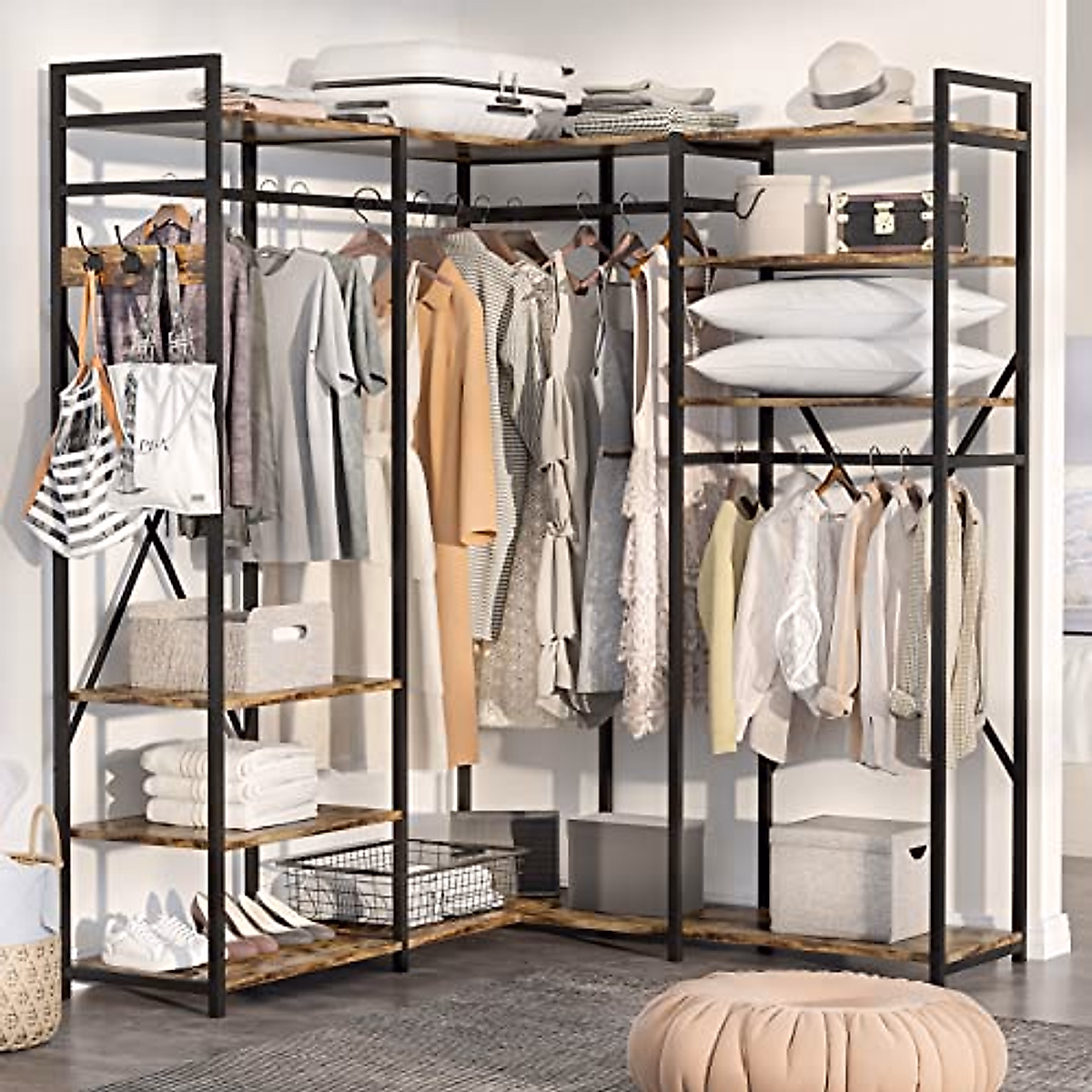 PAKASEPT L Shaped Garment Rack, L Shaped Closet Organizer, Freestanding Corner Clothes Garment Rack with 4 Hanging Rods and Open Shelves Heavy Duty Metal Clothing Rack for Bedroom