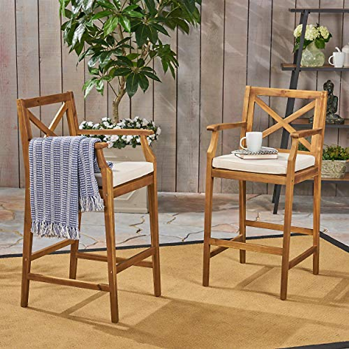 Christopher Knight Home Logan Outdoor Acacia Wood Barstool, Teak Finish/Cream