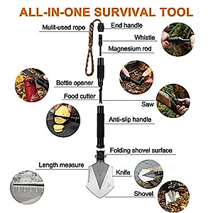 FiveJoy Survival Shovel Multitool (C1) - Portable Collapsible Tactical Tool - Entrenching Backpack Equipment for Hiking Camping Emergency Car - Gifts for Men Dad Husband