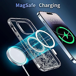 YAKGWERC【Bling Magnetic Ring Design Magnetic Glitter Case for iPhone 13 Pro Max [Compatible with MagSafe] [3-D Craft Glitter] Sparkly Cover for Women Girls, Clear Shockproof Silicone Bumper - Silver