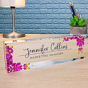 Premium Clear Acrylic Glass Block Unique Designed Name Plates for Your Desk - (8"x2.5") – Orchids