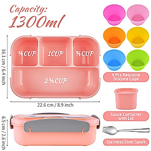 Zezzxu Bento Lunch Box for Kids and Adults, 1300 ML 4-Compartment Bento Box with Accessories, Plastic Lunch Containers Kit, Microwave & Dishwasher & Freezer Safe (Pink)